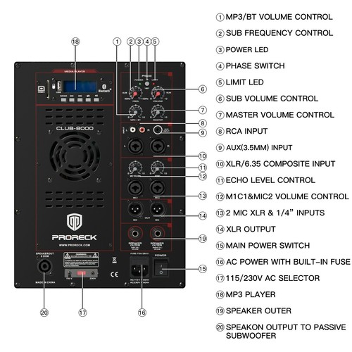 PRORECK Club 8000 18-inch 8000W P.M.P.O Stereo DJ/Powered PA Speaker ...