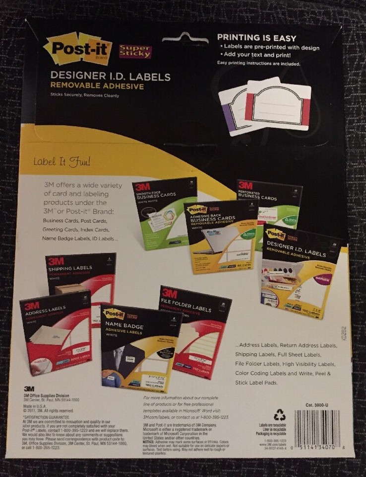 3900-U Post-it 3M Removable Adhesive ID Labels Inkjet & Laser UPC ...