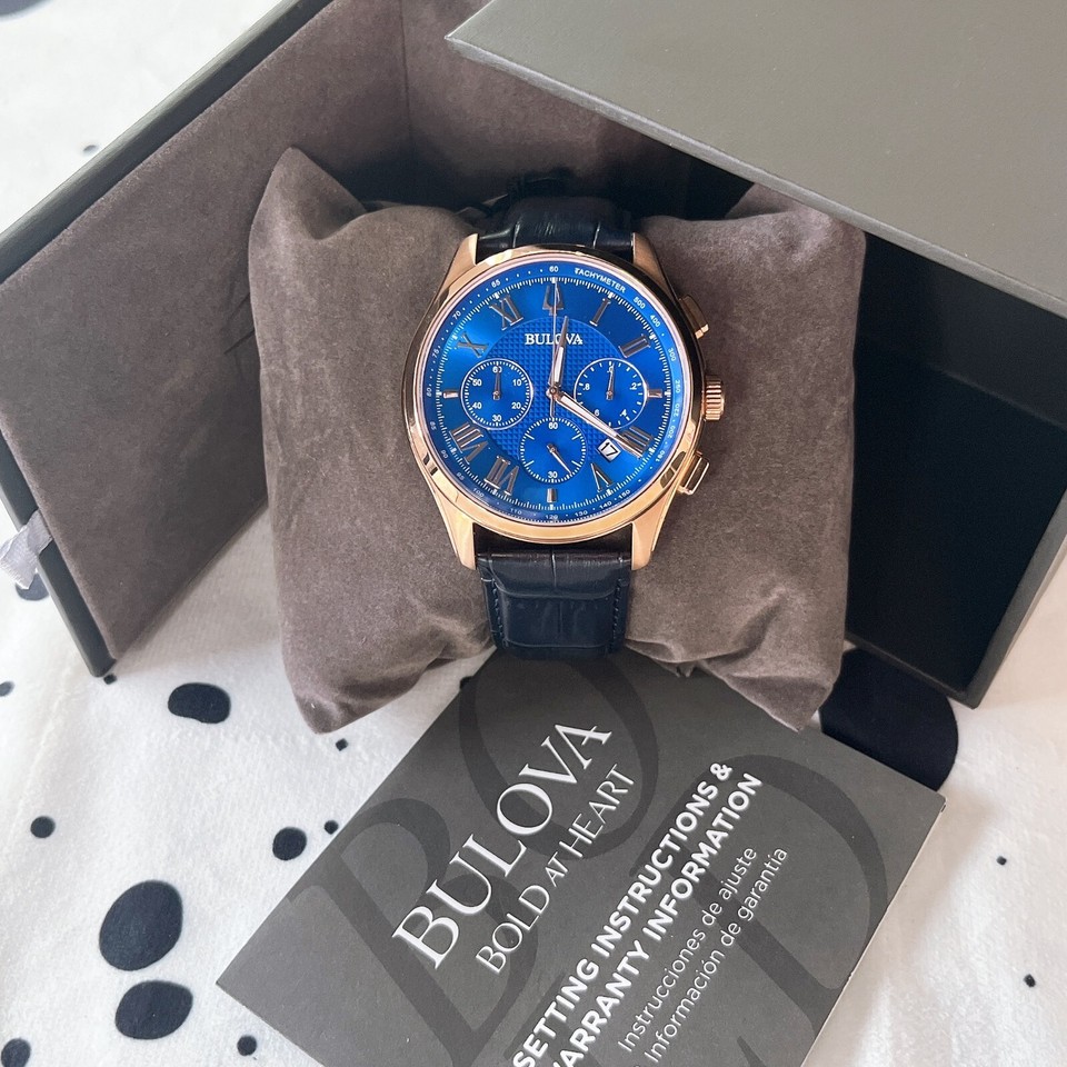 Bulova 97B170 Wilton 46.5mm Bule Dial Leather Strap Classic Quartz Men ...