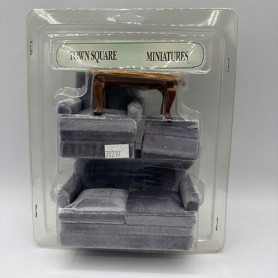 Town Square Miniatures Living Room Set Gray Sofa Loveseat Ottoman Table ...