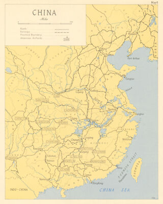 China in 1944 showing American airfields. USAF 1961 old vintage map ...