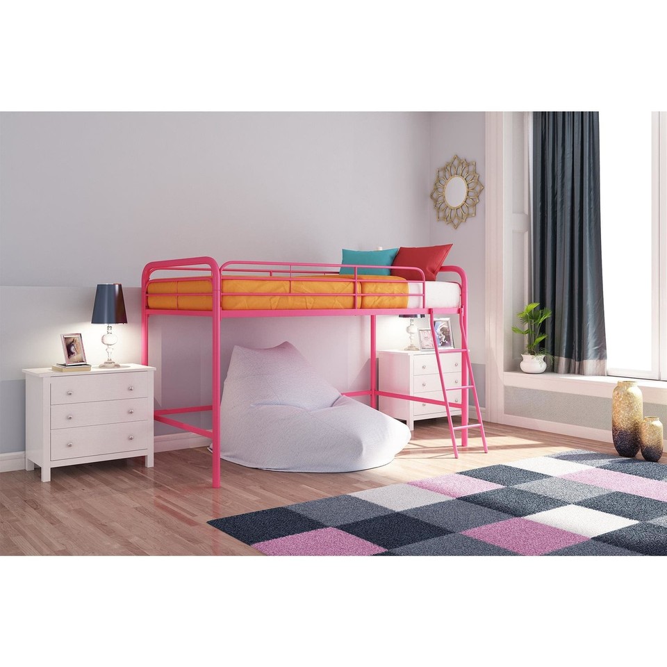 Solid Pink Metal Junior Loft Bed Frame Twin Size Bunk Girls Bedroom ...