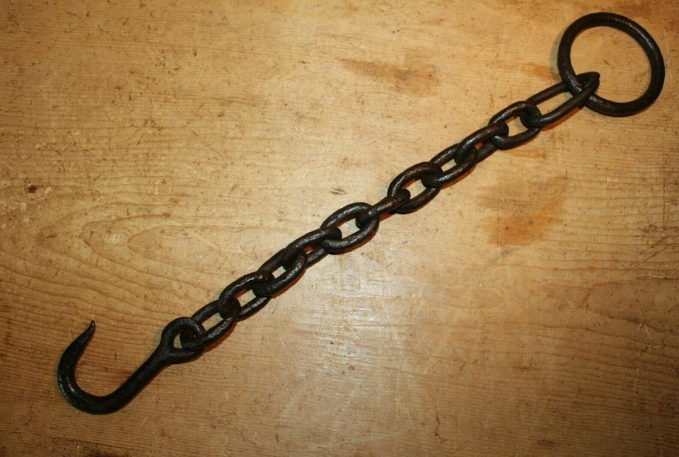 Antique Wrought Iron Hook on Length of Chain Beam Iron Ring 20" Inches ...