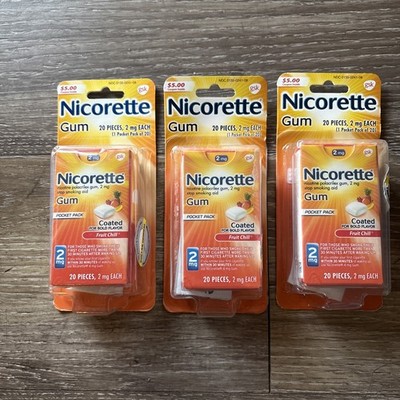 LOT of 3 Nicorette Pocket Pack Fruit Chill 2mg Coated Gum 20 Each Box ...
