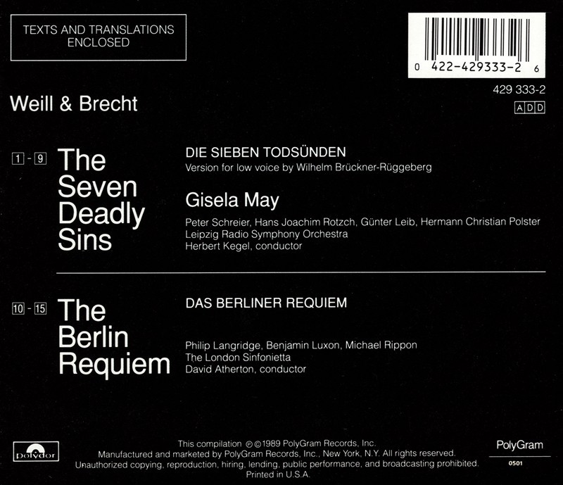 CD Weill & Brecht - The Seven Deadly Sins, The Berlin Requiem PDO USA ...