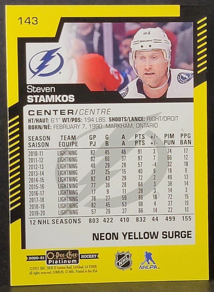 2020-21 O-Pee-Chee Platinum Neon Yellow Surge #143 Steven Stamkos | eBay