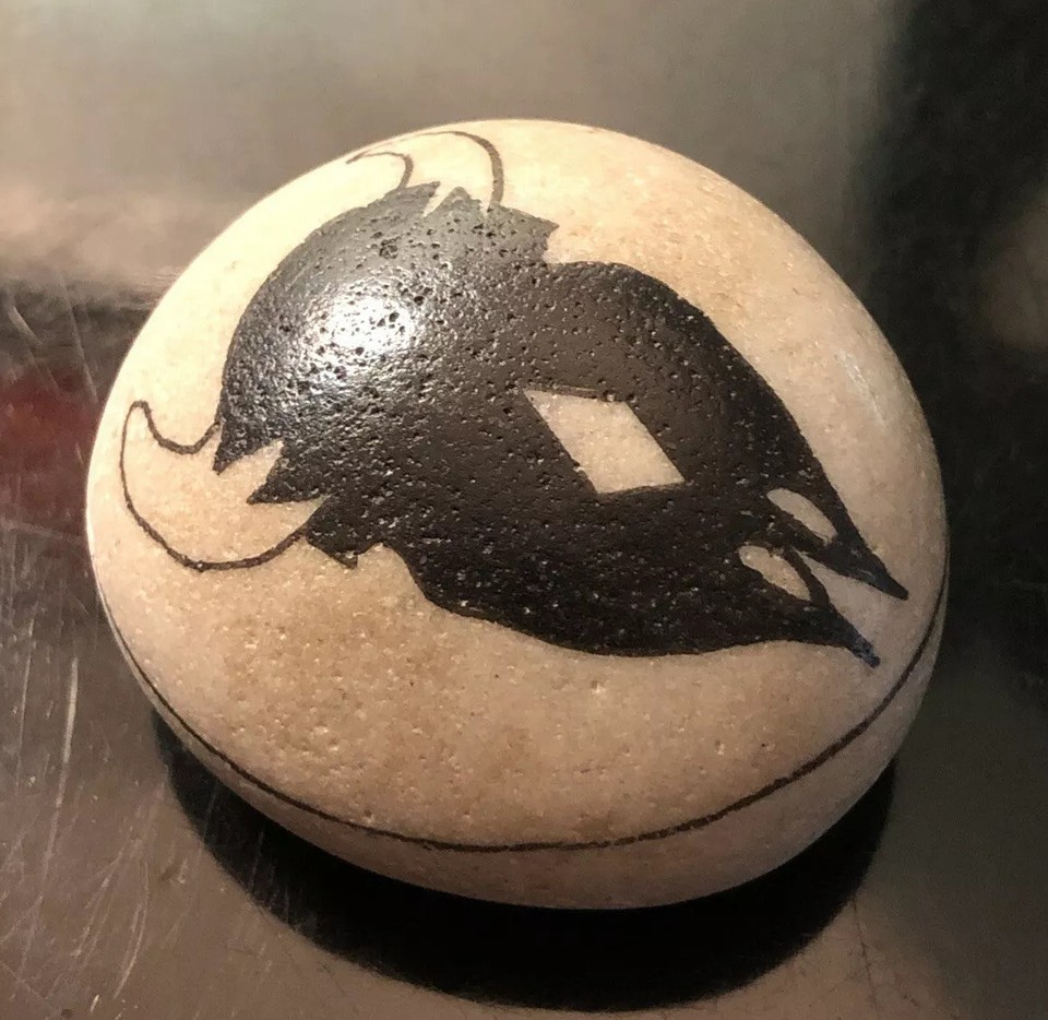 Southwestern Decorative Art Signed Painted Buffalo Head On River Rock ...