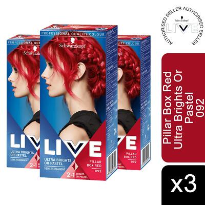 3x LIVE Pillar Box Red Semi-Permanent Hair Dye, Ultra Brights 092 ...