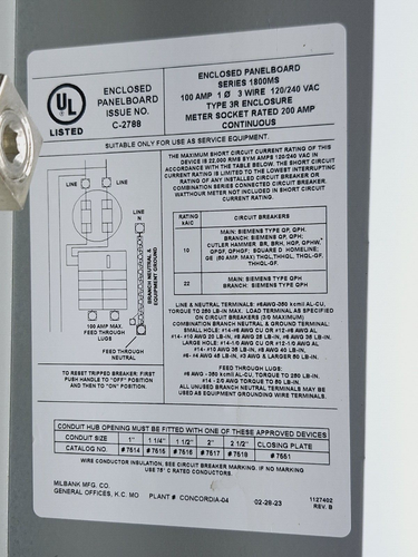 MILBANK U5168-XTL-100-KK-ALT RINGLESS MAIN METER SOCKET 100A 240V LOAD ...