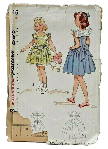 1948 Simplicity Sewing Pattern 2416 Girls 1-Pc Dress 2 Sleeves Size 10 ...