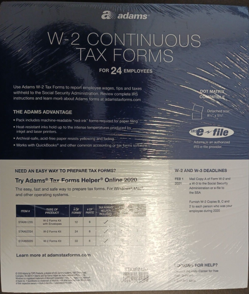 Adams W2 Continuous Tax Forms 2020 for 24 Employees 6-Part Laser W-3 ...