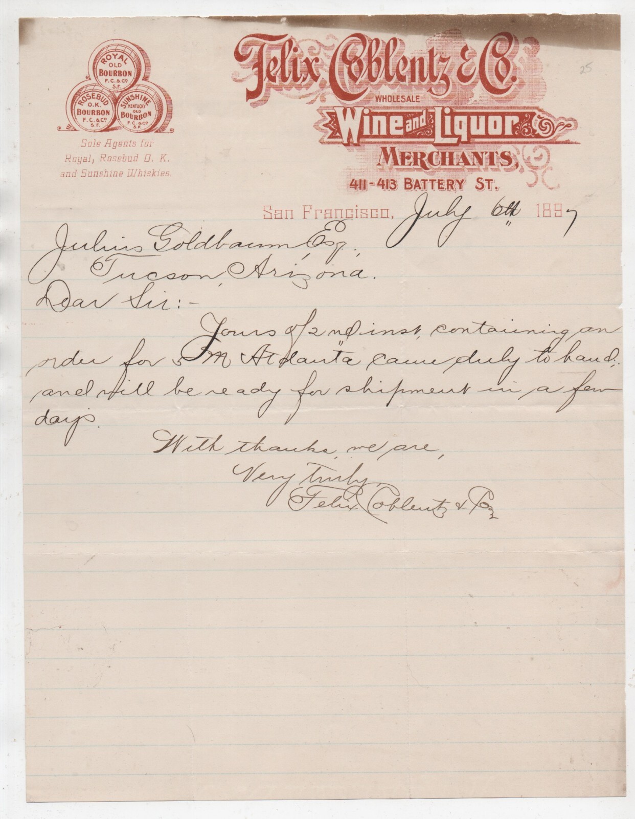 1897 Letterhead from Felix Coblenz & Co Wine & Liquor Merchants San ...