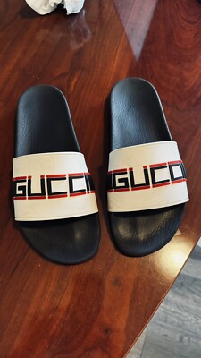 Gucci Men Auth 10 US 10 UK 43 EU White Logo Rubber Pool Slides Sandals ...