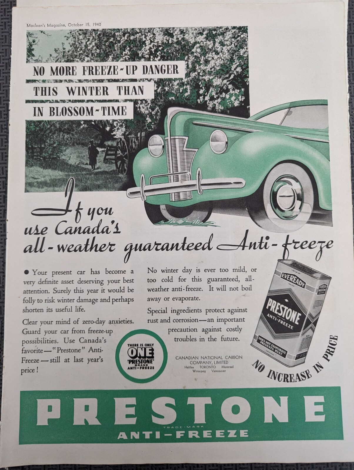 Vintage 1940 Magazine Ad Advertising Prestone Anitfreeze Old Car Green ...