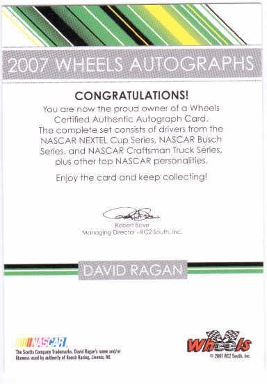 DAVID RAGAN 2007 Wheels Craftsman Truck Series Rookie Autograph Auto On ...