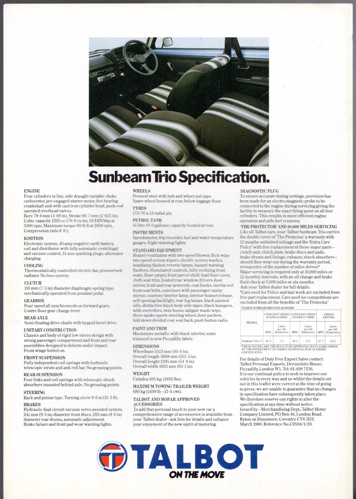 Talbot Sunbeam Trio 1.3 Limited Edition 1980 UK Market Single Sheet ...