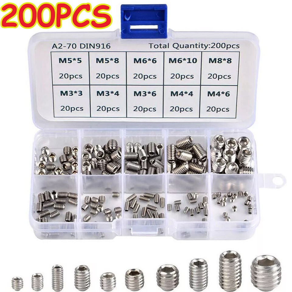 200pcs Stainless Steel Allen Head Socket Hex Set Grub Screw Assortment ...
