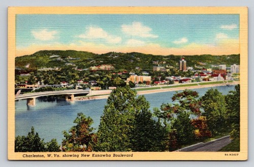 Linen Birds Eye Aerial View Across River Charleston West Virginia P647 ...