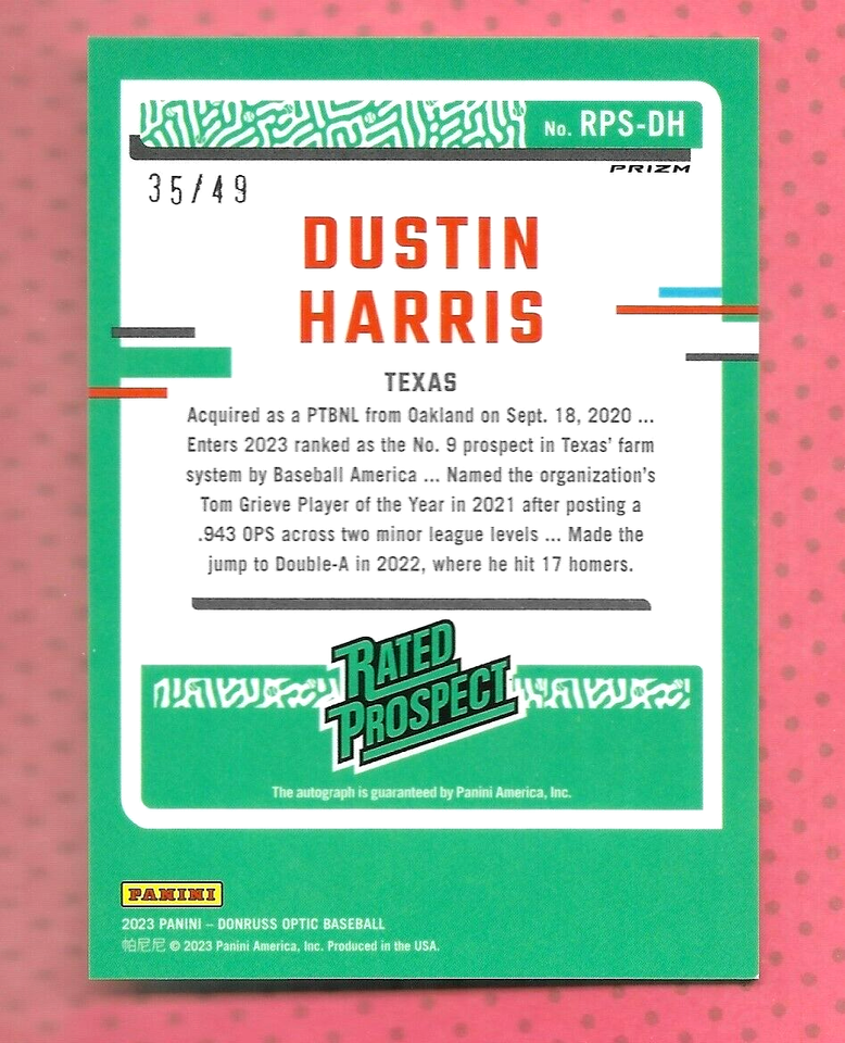 DUSTIN HARRIS 2023 PANINI DONRUSS OPTIC RED ROOKIE RC AUTOGRAPH AUTO ...