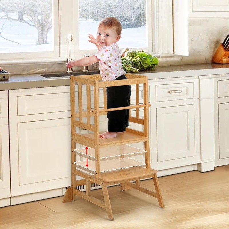 Toddler Kitchen Step Stool Adjustable Height Safety Rail Learning Tower ...
