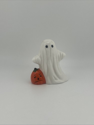 Vtg Halloween Ceramic Ghost w/Frowning Pumpkin Jack-o-Lantern Figurine ...
