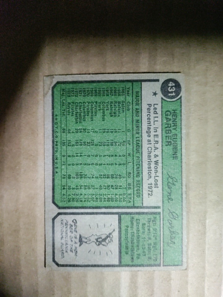 1974 Topps Baseball #431 Gene Garber Poor Read Description Royals | eBay