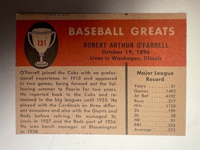 1961 Fleer Baseball Greats - Bob O'Farrell ( Cincinnati Reds ) #131 | eBay