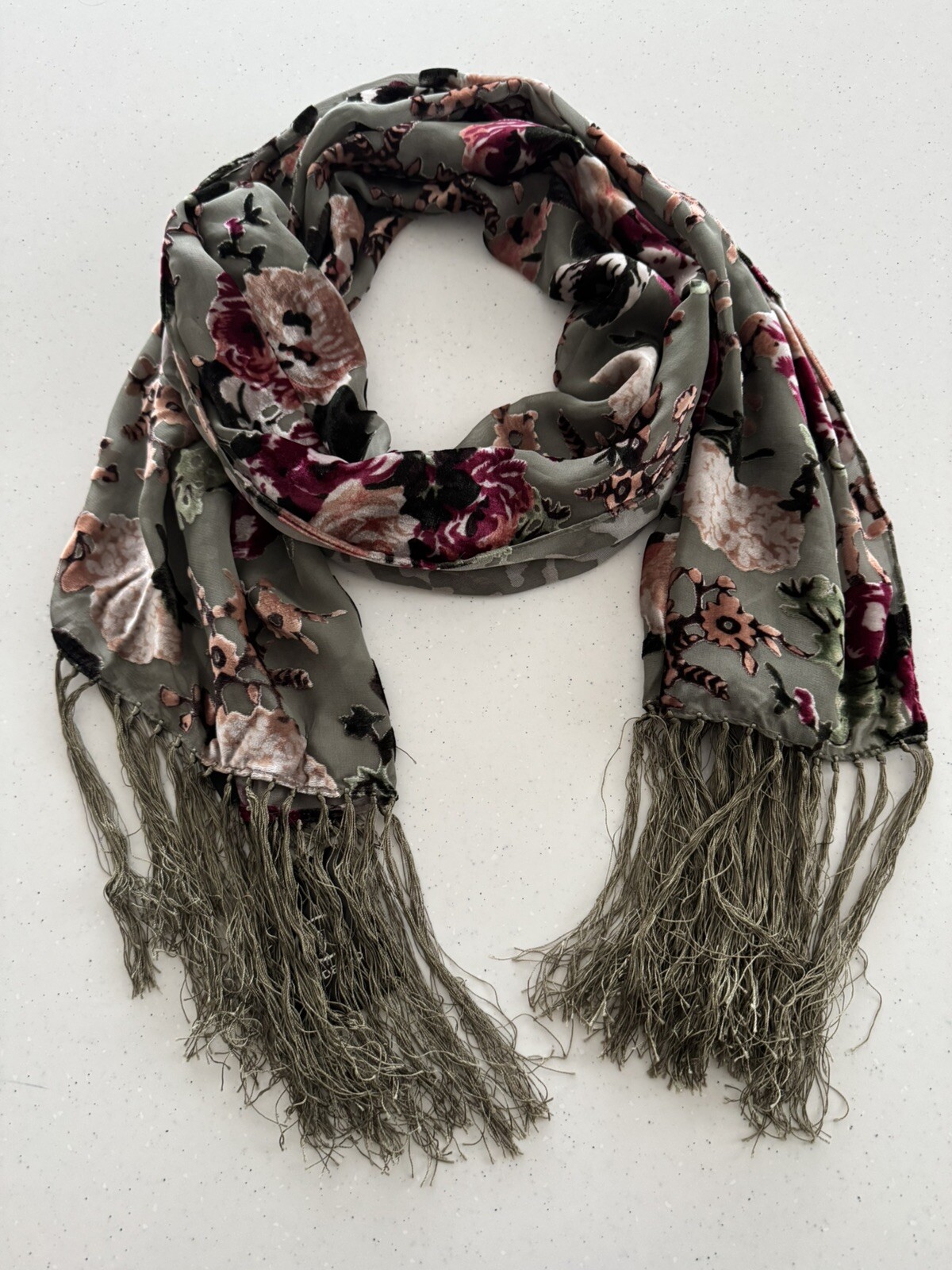 Codello khaki evening look silk velvet devore scarf stole shawl floral ...