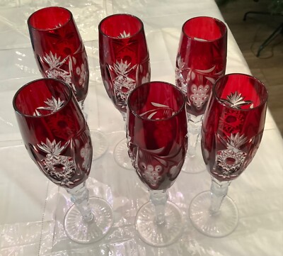 Ajka Marsala Crystal Champagne Flute Ruby Cut To Clear Bohemian Set of ...