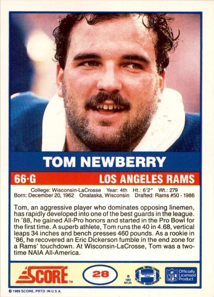 1989 SCORE TOM NEWBERRY LOS ANGELES RAMS #28 | eBay