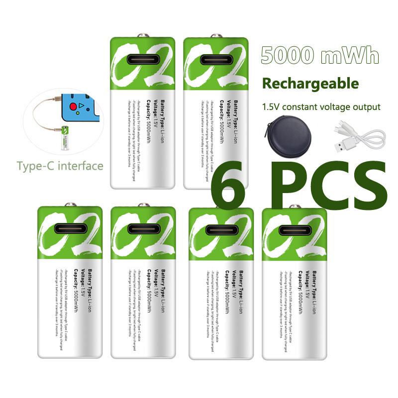 6PCS C2 1.5V Fast Charge Li-ion Rechargeable Battery Type C Cable ...