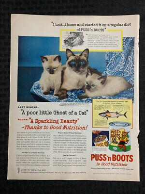 1956 PUSS N BOOTS CAT FOOD 10.5x13 Print Ad VG+ 4.5 Poor Little Ghost of a Cat | eBay