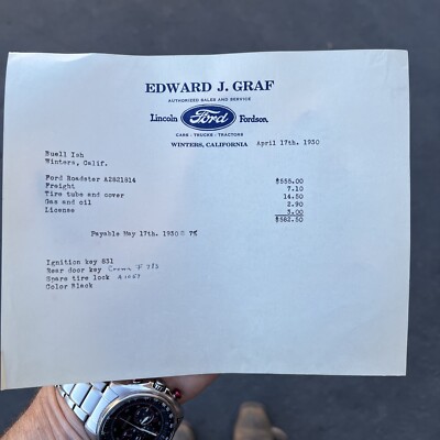 Ford Dealer Sales Receipt - 1930 Model A Roadster Edward Graf Winters ...