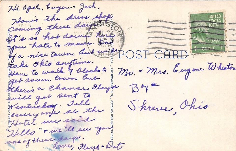 Alabama AL Postcard ANNISTON Calhoun County 1946 LARGE LETTER GREETING ...