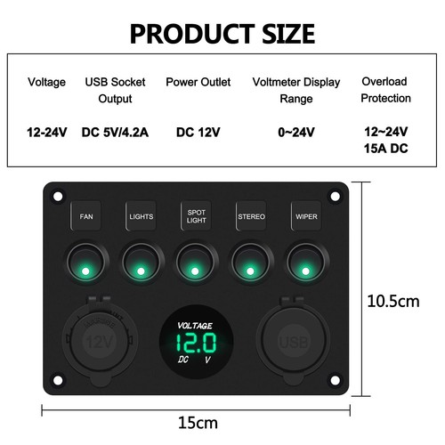 5 Gang Rocker Switch Panel for Boat 12V Marine Switch Panel Waterproof ...