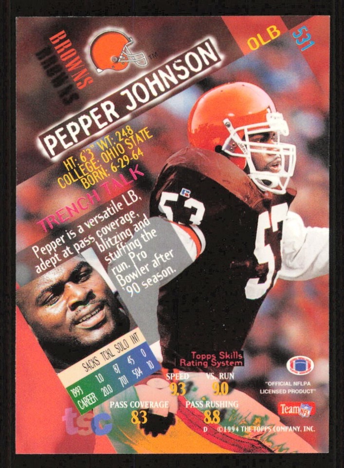 1994 Topps Stadium Club PEPPER JOHNSON Members Only card CLEVELAND ...