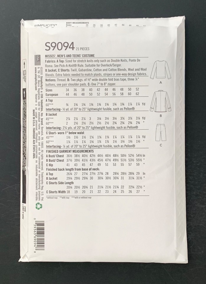 Simplicity Sewing Pattern - UNCUT #9094 Umbrella Academy Style Uniform ...