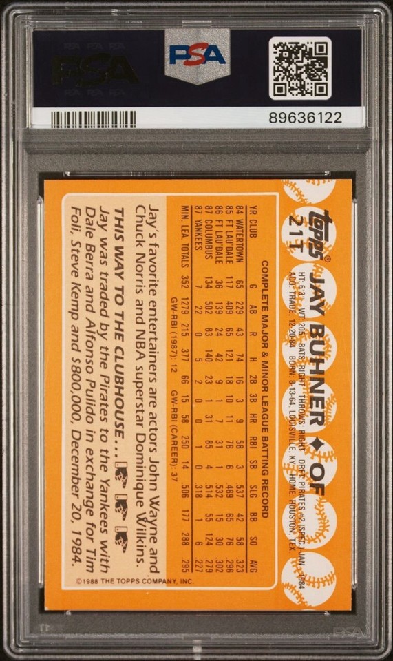 Jay Buhner RC Rookie 1988 Topps Traded Tiffany #21T Auto PSA/DNA 9 AUTO ...