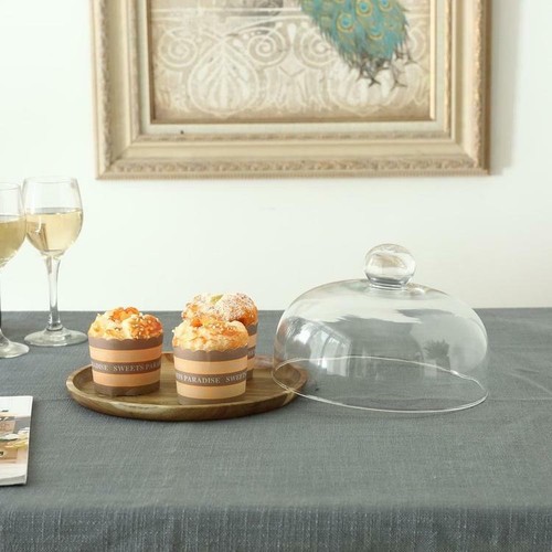 8-Inch Clear Glass Cloche Dome w/ Acacia Wood Dessert Cheese Decor ...
