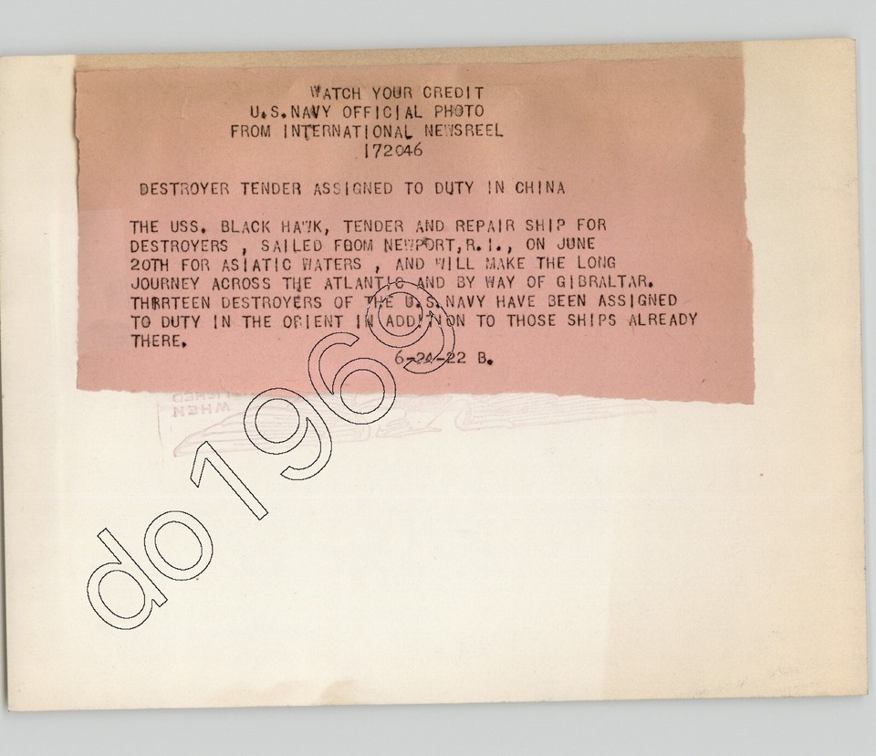 The USS BLACK HAWK US Naval Destroyer Ship Headed To China 1922 Press ...