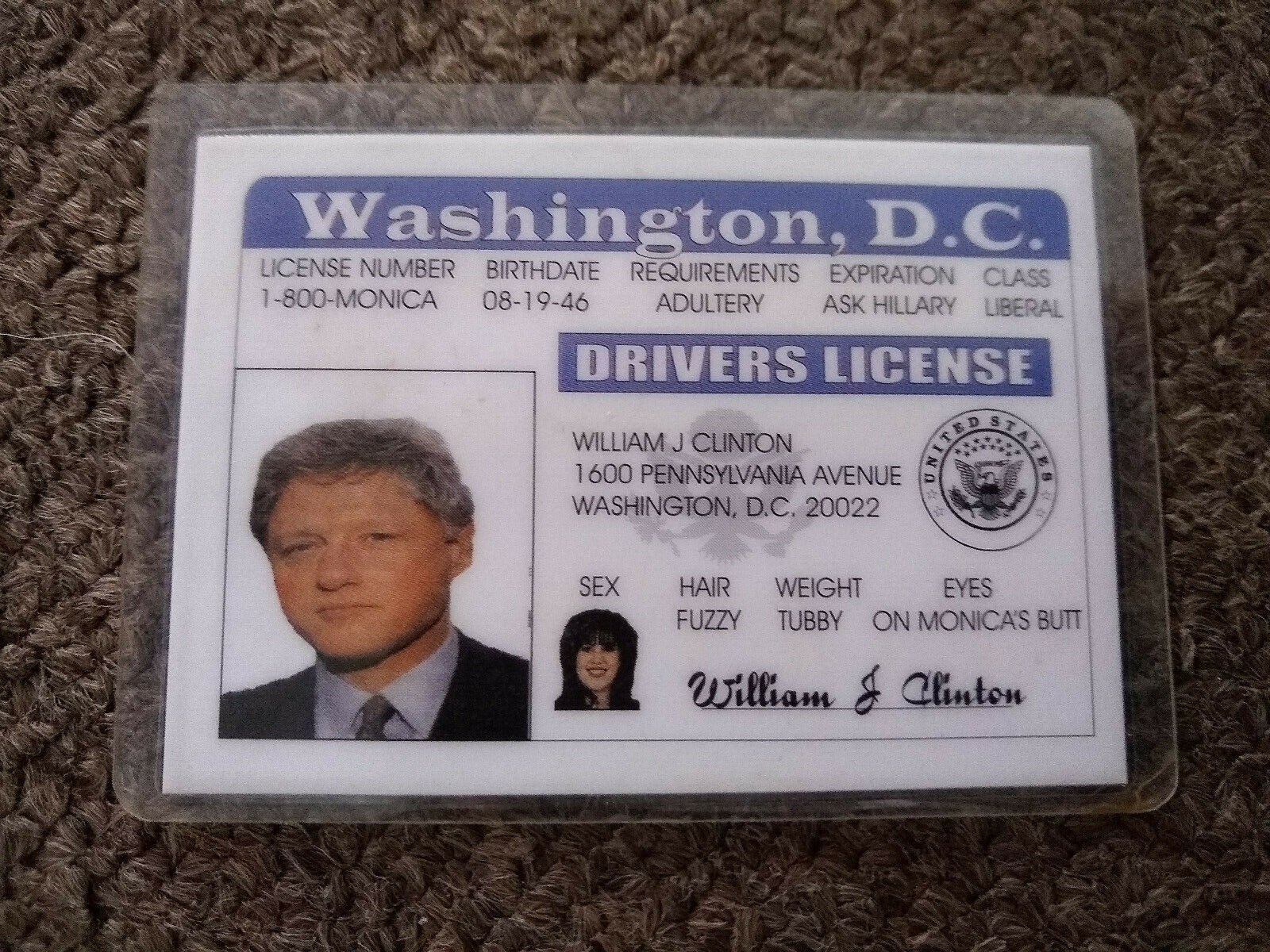 William Bill Clinton Novelty Joke Drivers License~Washington DC~Hillary ...