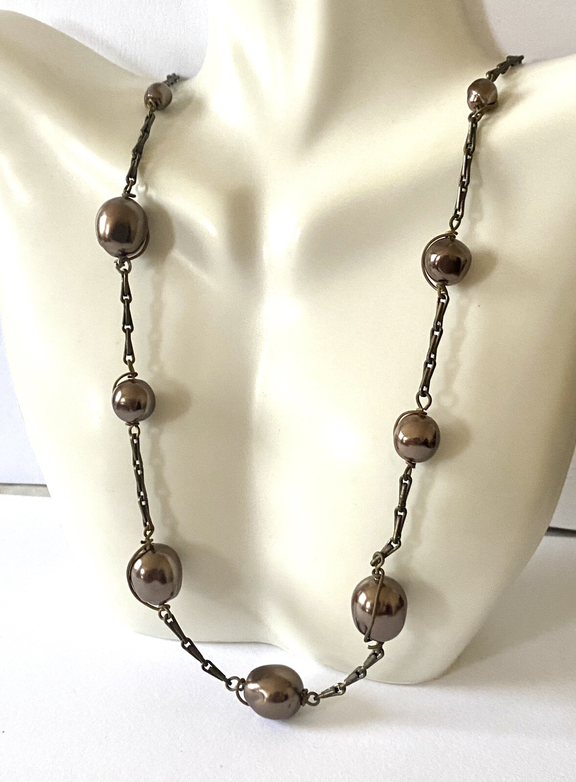 Antique Brass Faux Bronze Pearl Necklace - Gem