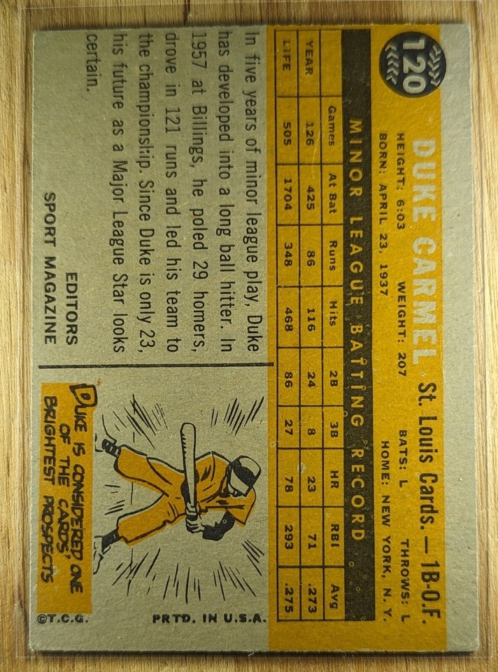1960 Topps Duke Carmel RC #120 St Louis Cardinals MLB Baseball Rookie ...
