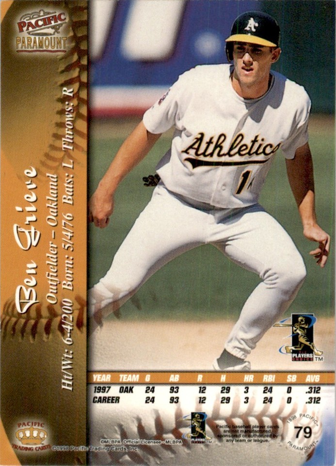 1998 Pacific Paramount Ben Grieve Oakland Athletics #79 MLB Baseball ...