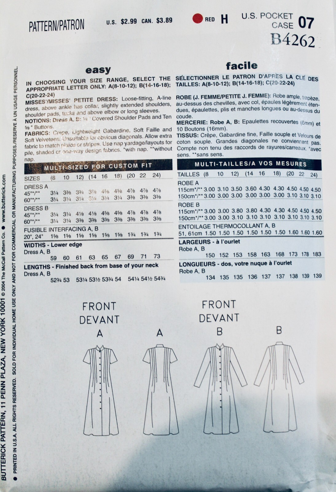 Butterick Pattern B4386 Size 8-14 Six Sew Easy Misses Petite Dresses ...