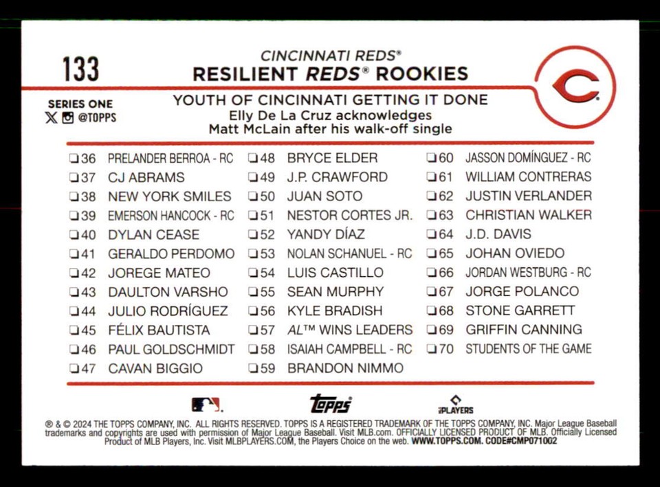 2024 Topps Yellow #133 Elly De La Cruz/Matt Mcclain Cincinnati Reds | eBay