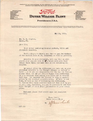 Dutee Wilcox Flint Providence RI 1919 Letterhead Ford Dealership | eBay