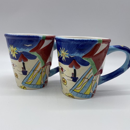 Vtg Beach Mugs Hand Painted HZ Co Sun Fun Beach Bum Sailboat Colorful ...