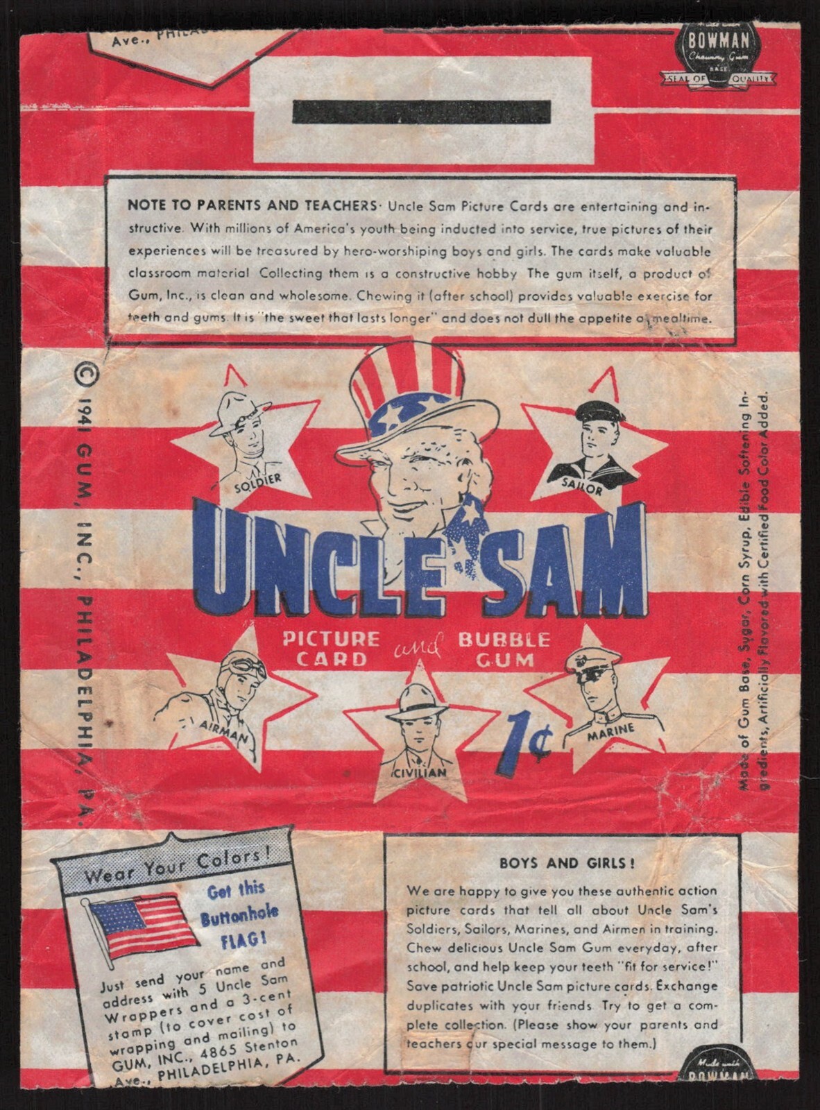 1941 Gum Uncle Sam 1 Cent Opened Wax Pack Wrapper AA181 | eBay