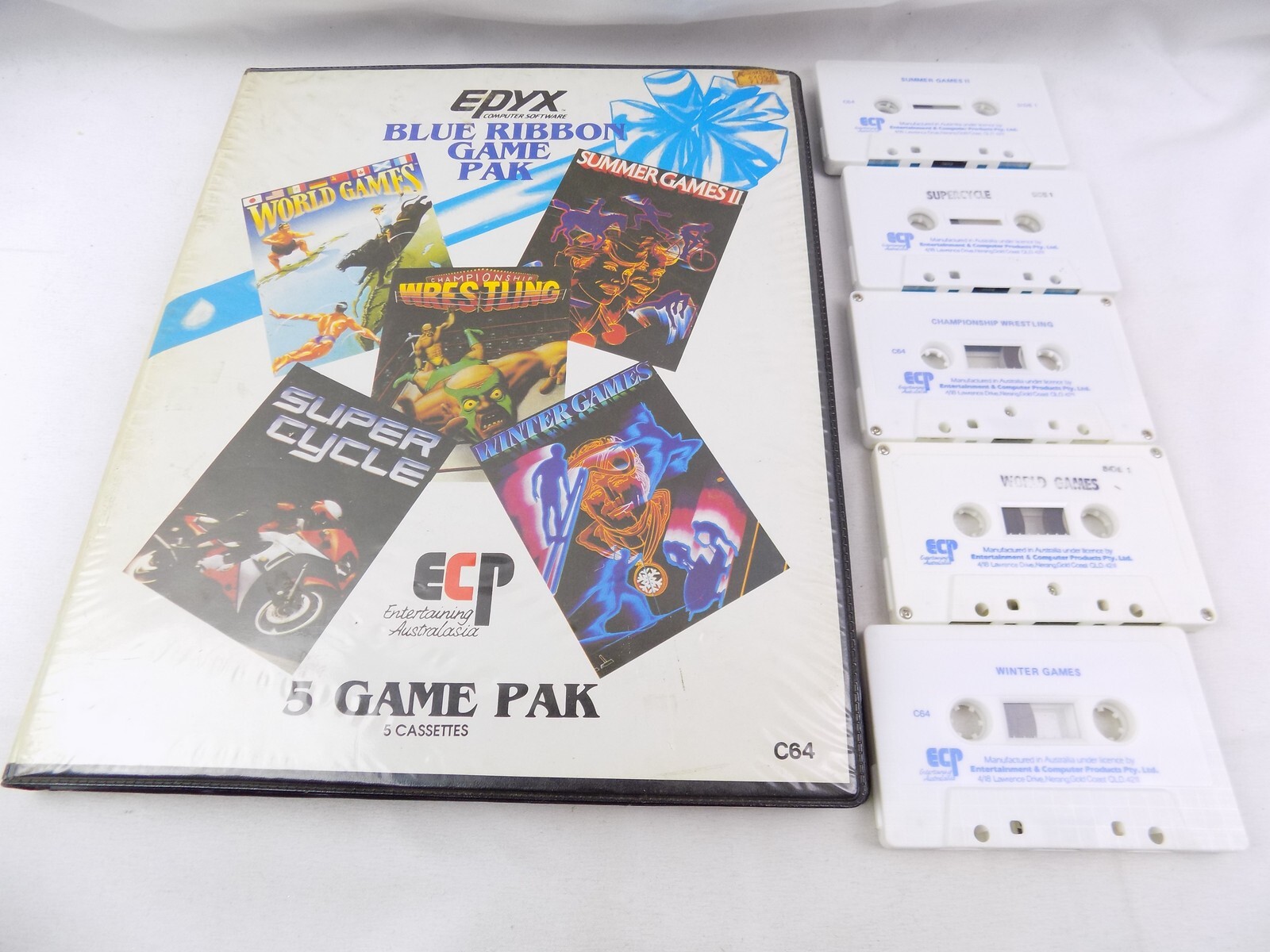 Boxed Like New Commodore 64 C64 Blue Ribbon Game Pak 5 Game Cassettes ...